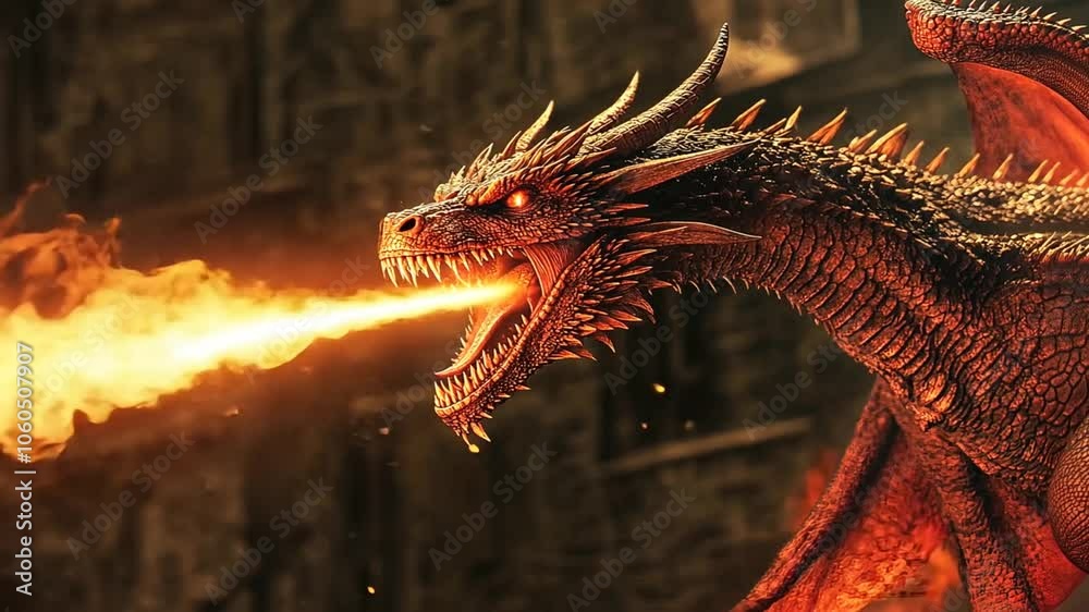 A fire-breathing dragon with a fiery mouth and scales, against a dark ...