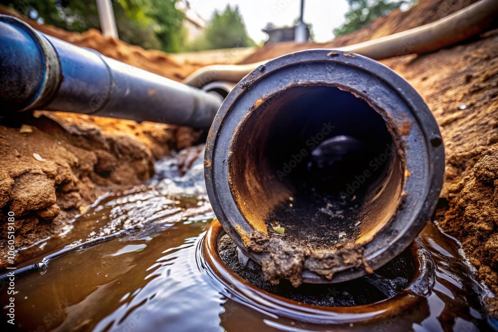 Detailed view of drainage pit pipe showing sewage pump connected to ...