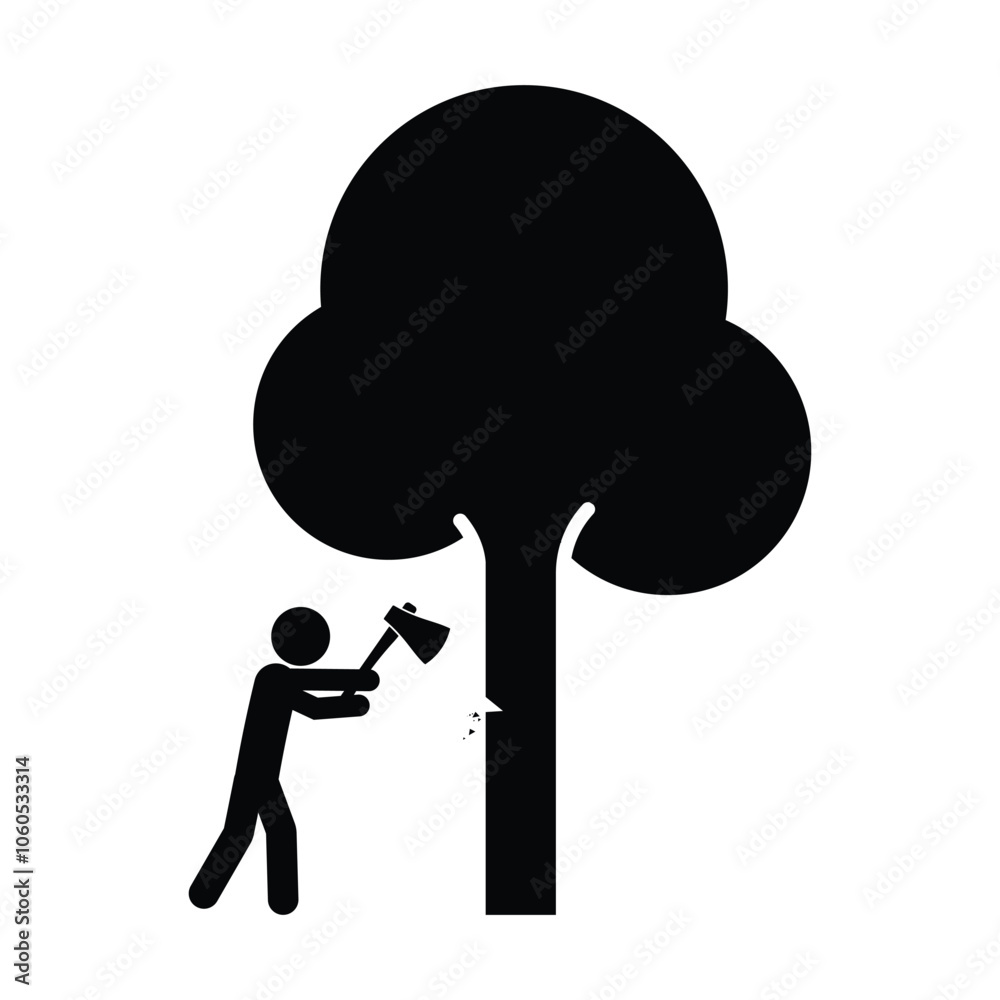 Isolated pictogram man cut the tree, for deforestation not allowed ...