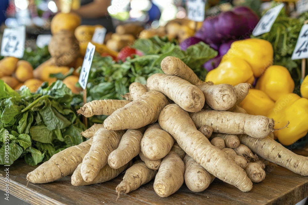 A collection of yacon roots at a bustling farmer’s market, nestled ...