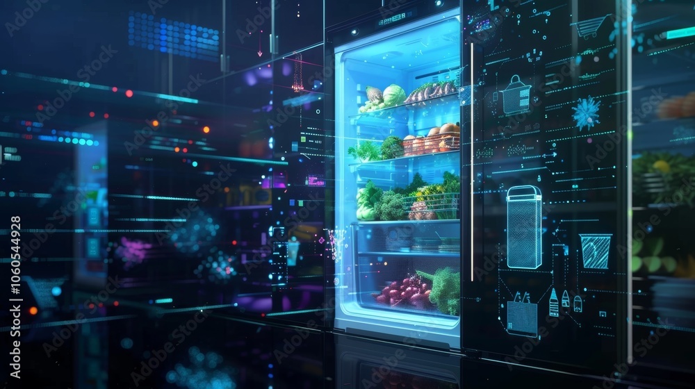 Futuristic refrigerator displaying holographic augmented reality ...