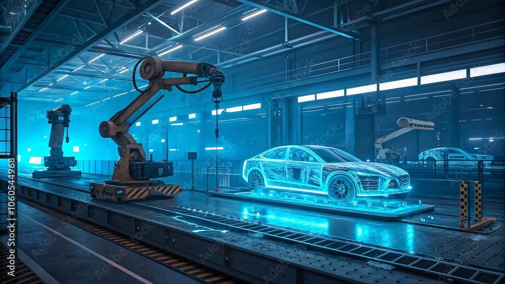 Futuristic car factory robotics, holographic model, neon blue, assembly ...