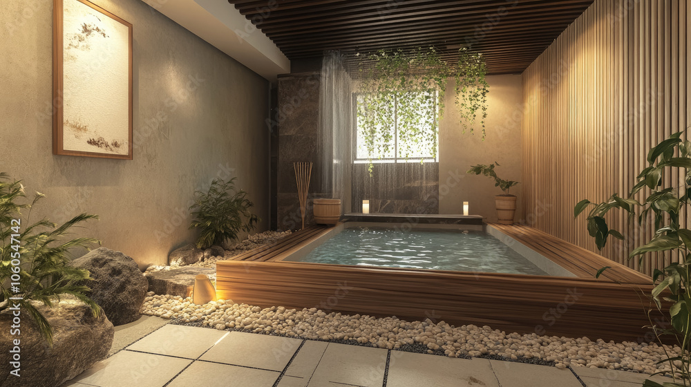 traditional japanese ofuro bath in stylish spa center, wooden decor ...