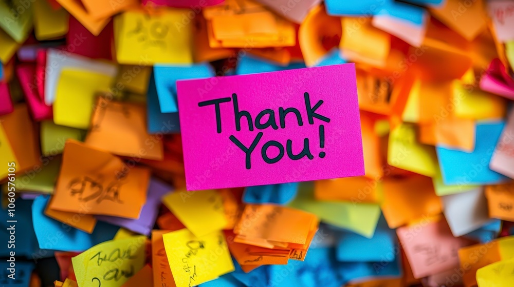Featured is a central pink sticky note saying 'Thank You!', encircled ...