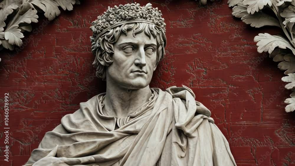 A marble bust of a Roman emperor, possibly Augustus, with a laurel ...