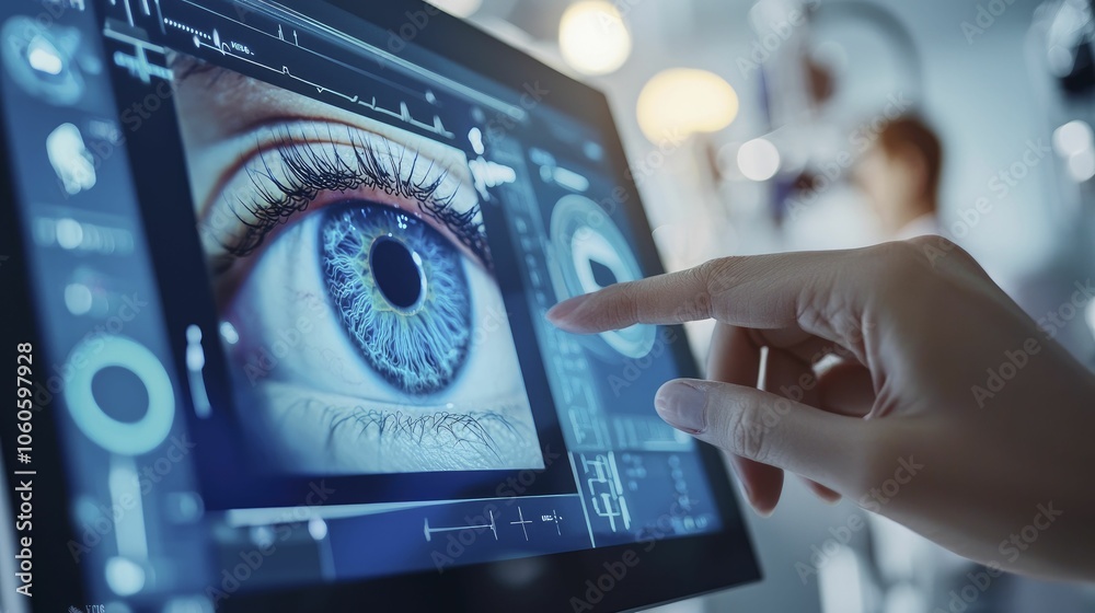 Detailed close-up of eye health educational material on screen, modern ...