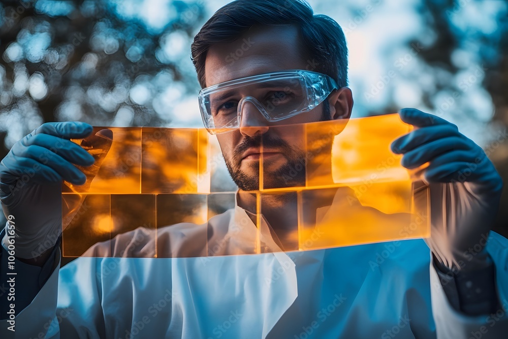 Portrait photo of a scientist holding a prototype of an innovative ...