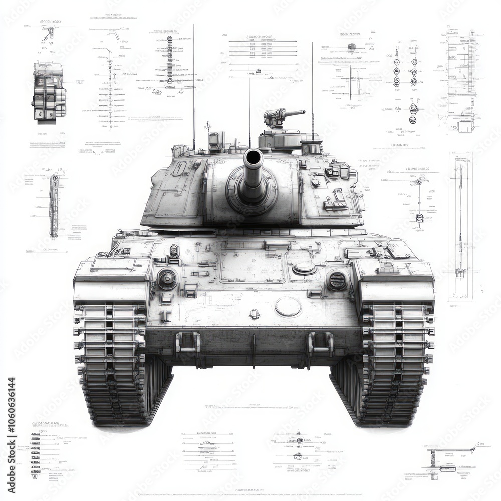 Photo & Art Print A detailed technical drawing of a military tank with ...