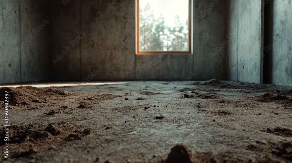 A sparsely filled room with dirt-covered floor, a single window framing ...