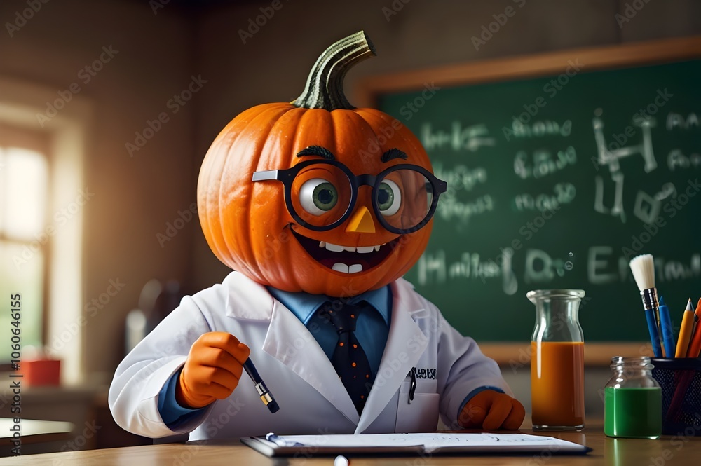 A quirky cartoon pumpkin dressed as a scientist with oversized glasses ...