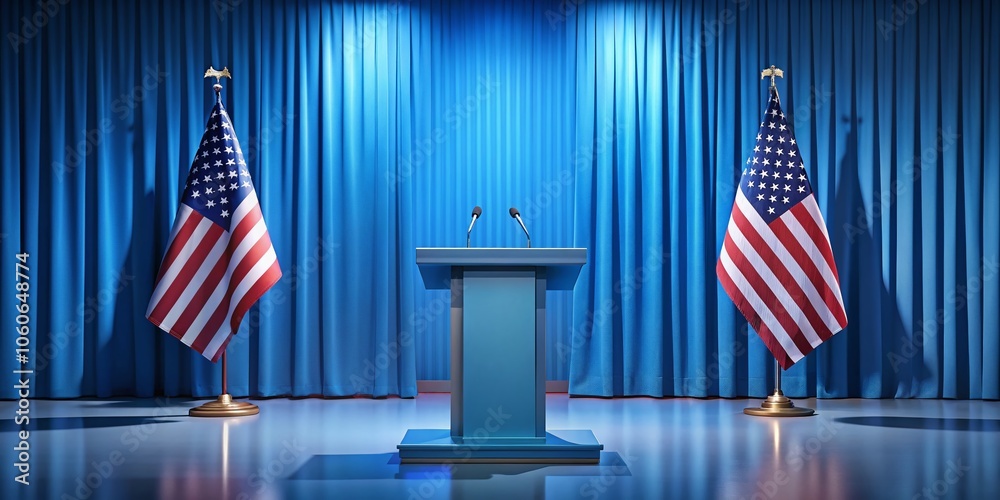 Minimalist Political Podium Design with USA Flags and Blue Background ...