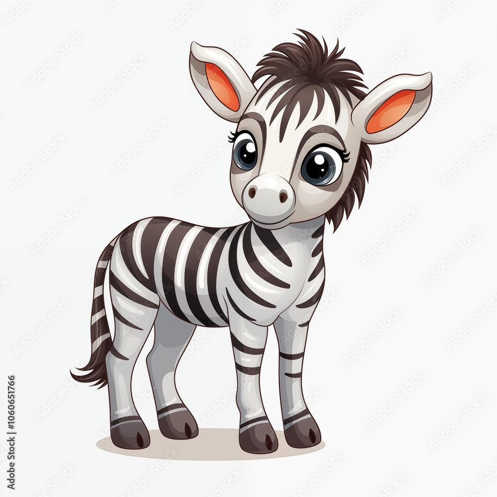 Cute cartoon zebra standing playfully with big eyes in a simple ...