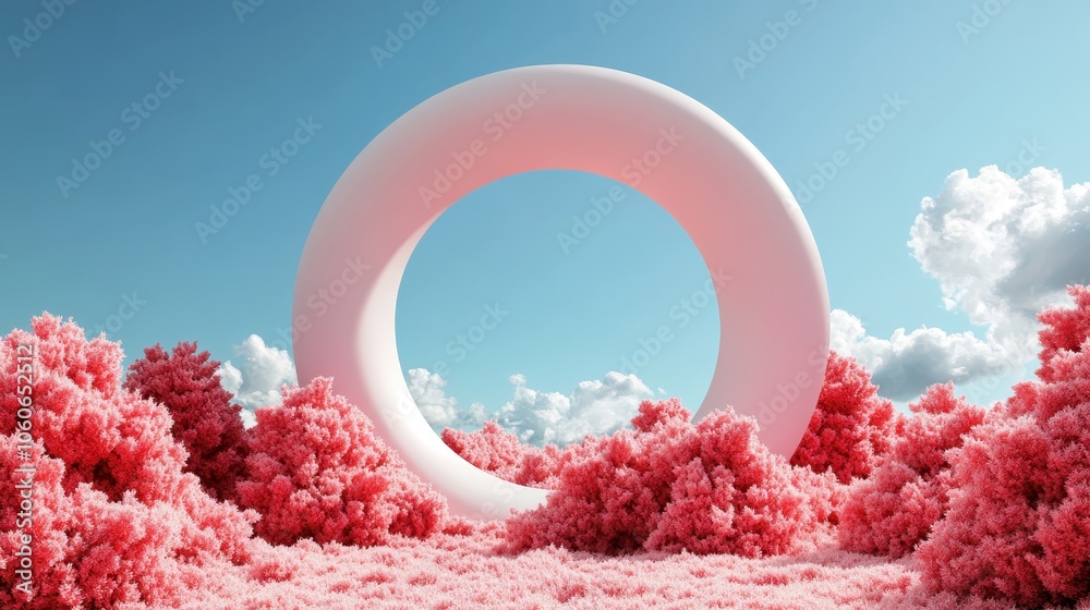 A vast white torus stands amidst dense shrubbery of pink foliage ...