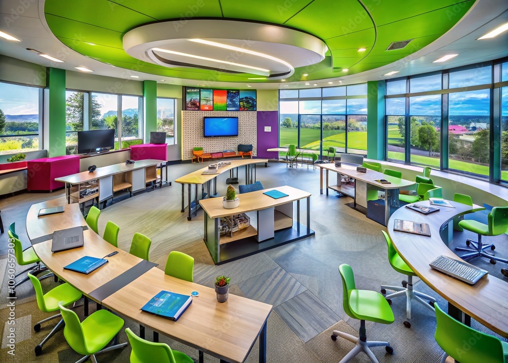 Modern Classroom Design with Curved Desks and Advanced Technology for ...