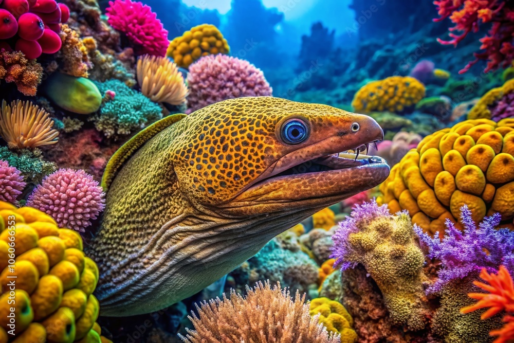 Moray Eel Swimming on Seabed, High Depth of Field, Vibrant Coral Reef ...