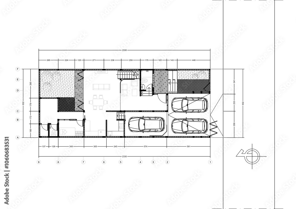2D top view floor plan of a single-story house on a 9x23m lot ...