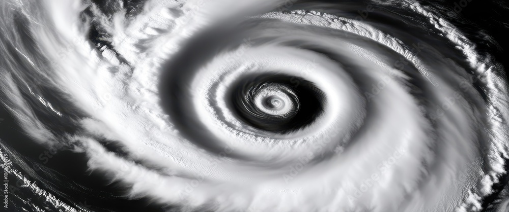 Spiral hurricane from space, massive storm system, swirling clouds ...