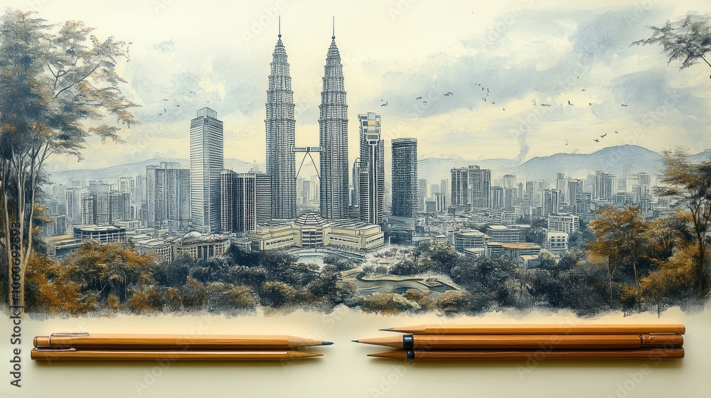 A pencil drawing in a sketchbook of the Kuala Lumpur skyline, focusing ...
