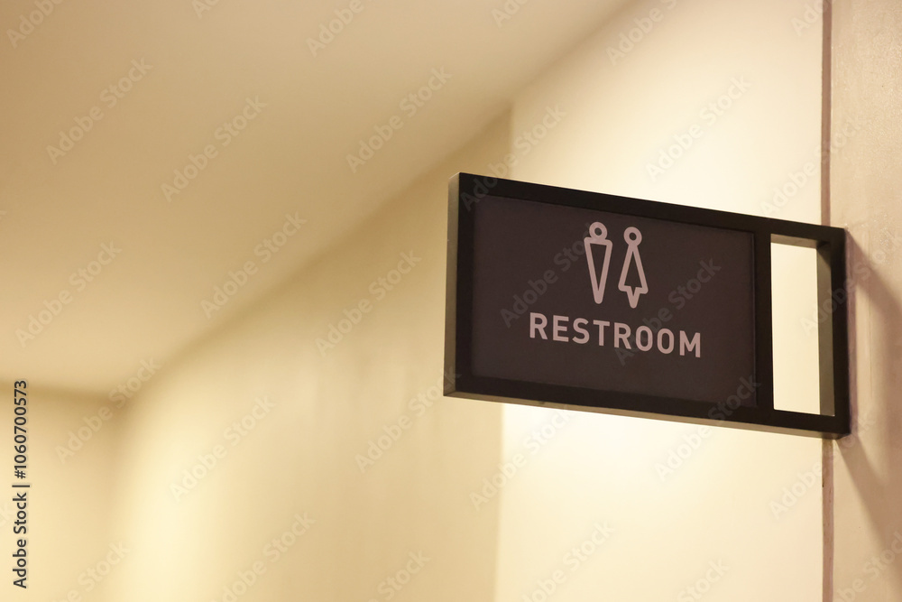 The restroom sign is mounted on the wall. Signs of male and female ...