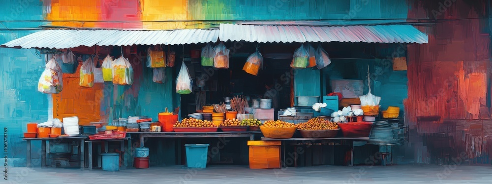 Artistic rendering of a traditional Thai market stall with vibrant ...