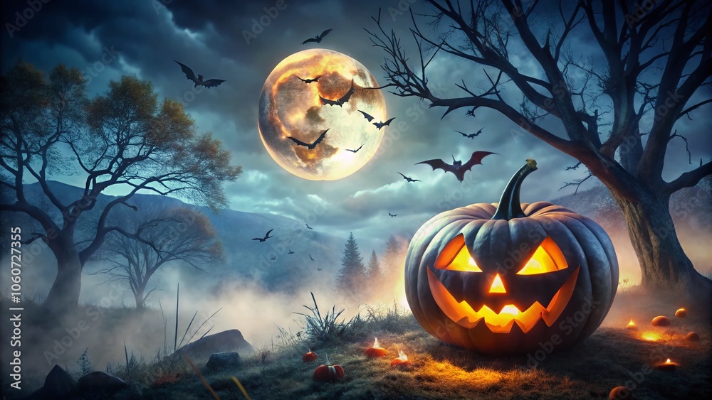 Spooky Halloween Pumpkin with Bats in Enchanting Scenery - Perfect for ...