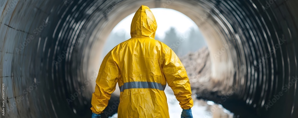 Brave Worker in Hazmat Suit Navigating Dark Sewer Tunnels - Eerie ...