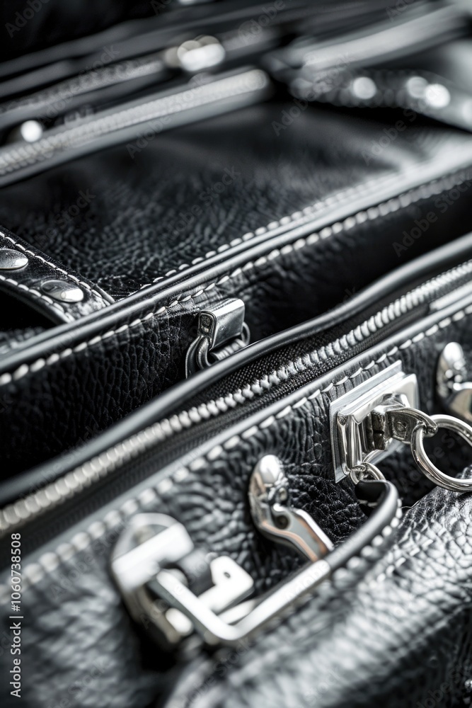Set of five old-fashioned leather bags, in black. Each with a silver ...