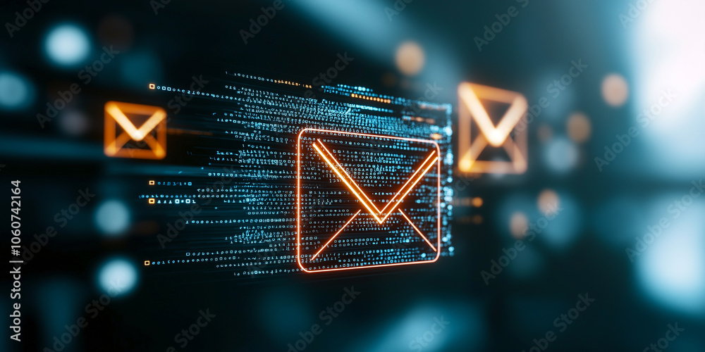 Glowing email icons with digital data streams represent visual ...
