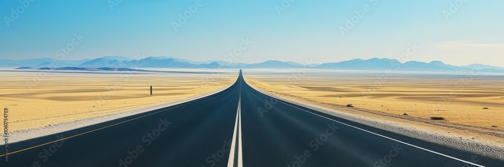 Long straight highway, vast desert landscape, distant mountains, blue ...