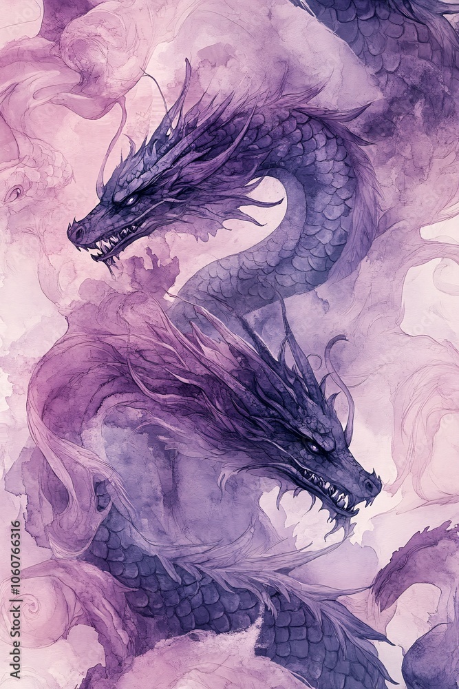 Majestic dual-headed dragon ascends through ethereal clouds in a ...