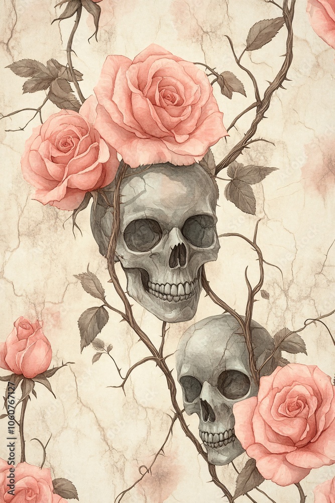 Skulls entwined with roses symbolize the dance of life and death in a ...