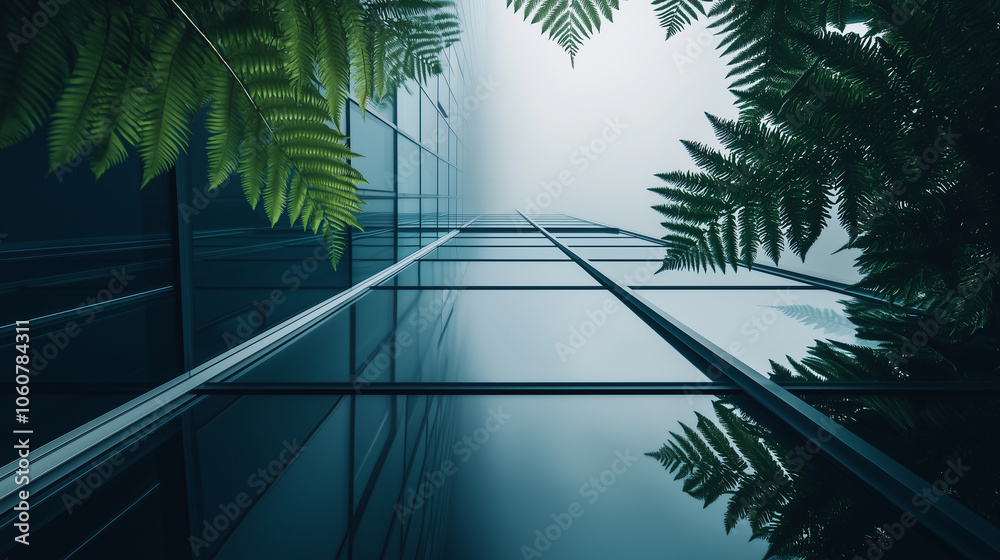 Modern glass building with ferns growing on the exterior, viewed from ...