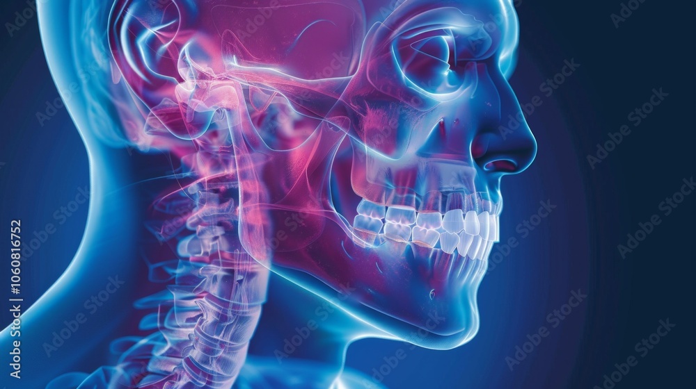 X-ray shows human head and neck bone structure in blue, cranial nerves ...