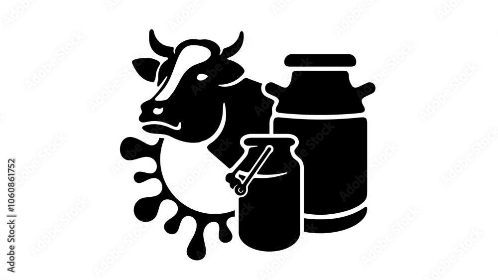 Cow, milk cans and splash milk, graphic animation. Alpha channel. Black ...