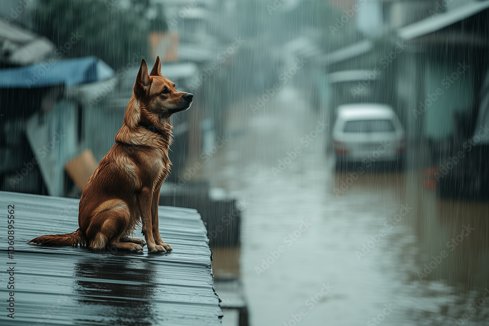Lone dog sits on a rooftop in the rain with floodwaters rising below ...