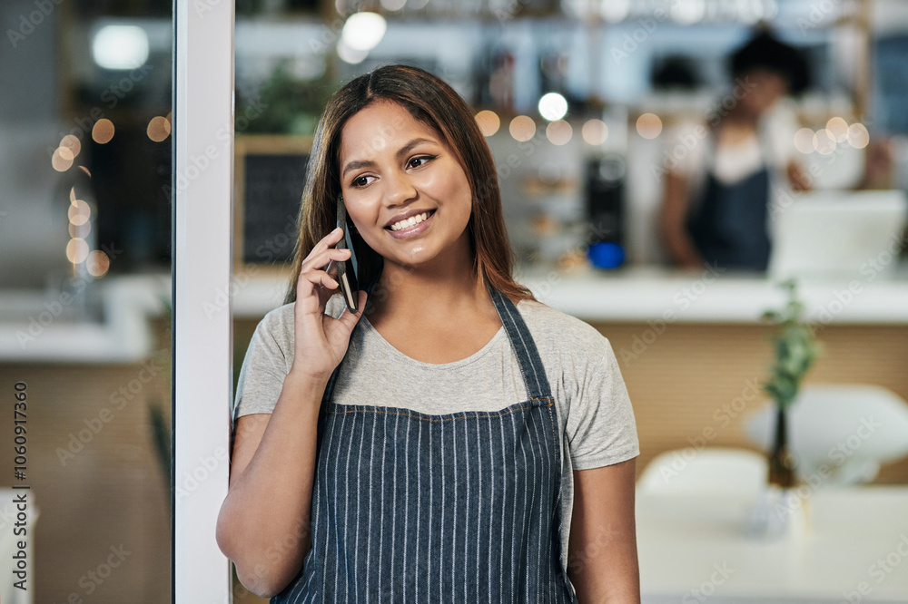 Happy, woman and waitress at cafe on phone call for order confirmation ...