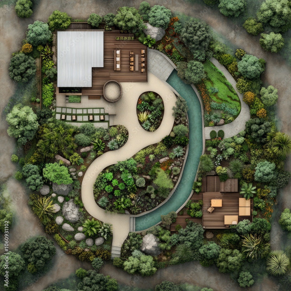 Aerial view of a modern garden landscape design with a winding path, a ...