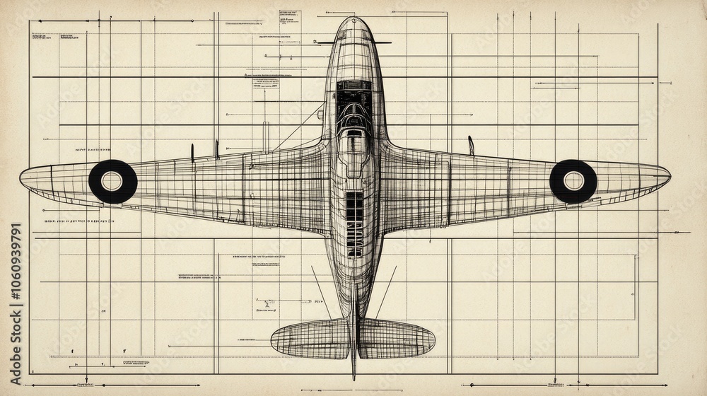 Schematic diagram detailing the design of a Spitfire fighter aircraft ...