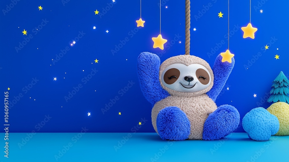 Night sky filled with glowing fireflies, sloth floating on a floating ...