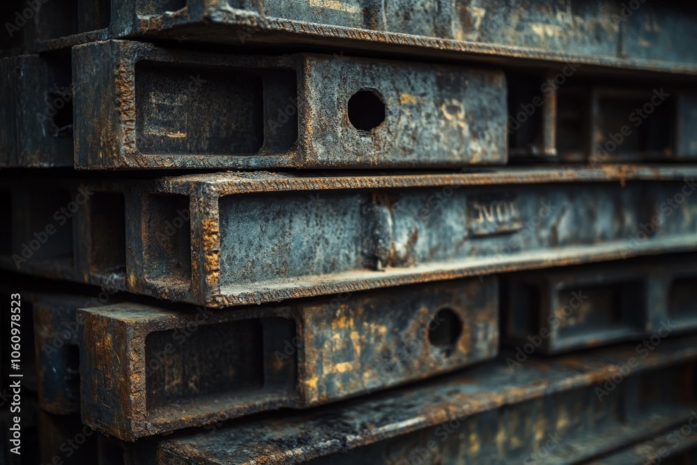 Stack of rusty metal beams showing signs of wear and tear Stock Photo ...