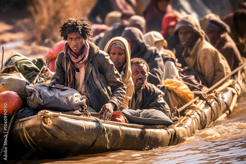 Crowded raft carrying African refugees crossing dangerous waters ...