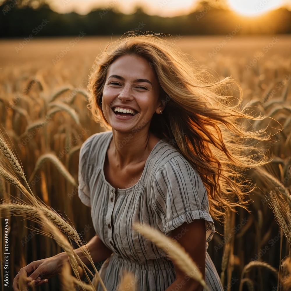 Golden hour sunlight, wheat field, joyful expression, flowing hair ...