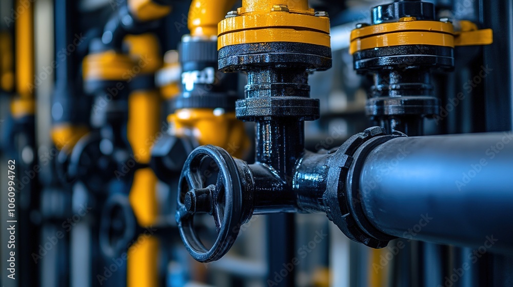 A close-up image of a PVC pipe system in a city water treatment boiler ...