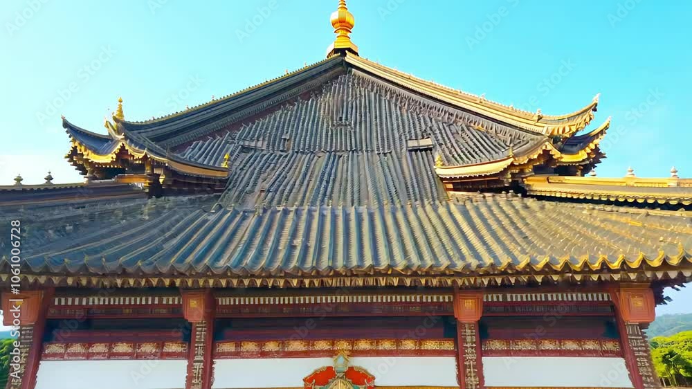 Traditional Asian temple architecture with ornate roof details and ...