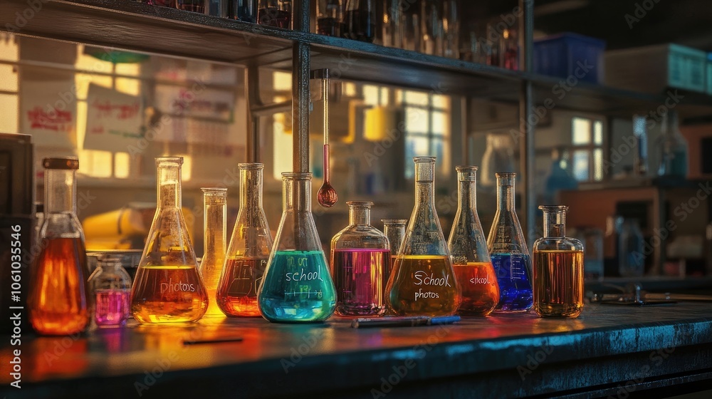 A row of beakers filled with colorful liquids sit on a lab table. The ...