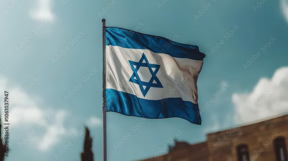 Israeli flag waving proudly against a bright blue sky, symbolizing ...