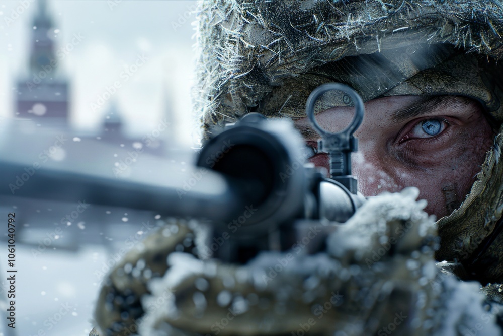 Winter arctic mountains warfare. Action in cold conditions. Sniper and ...