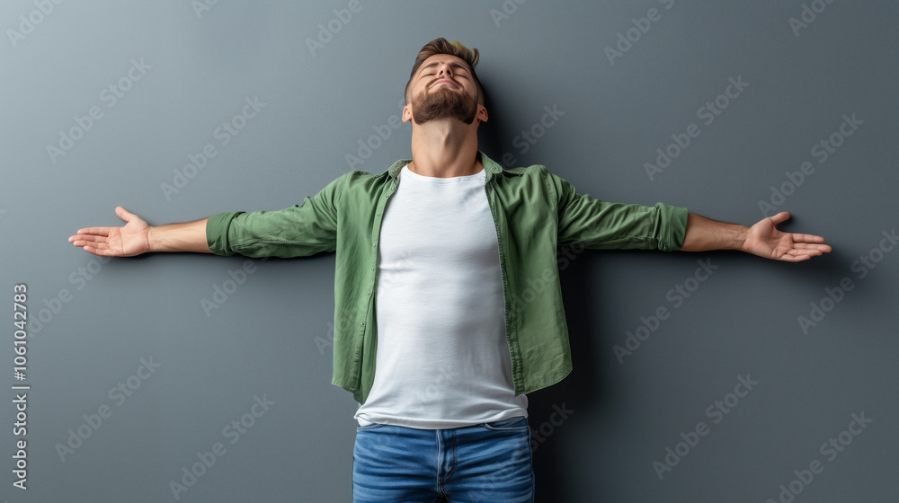 A man stands against a neutral background with his arms open wide and ...