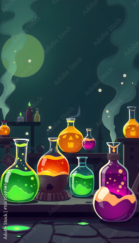 scary halloween laboratory background with glowing and bubbling potions ...