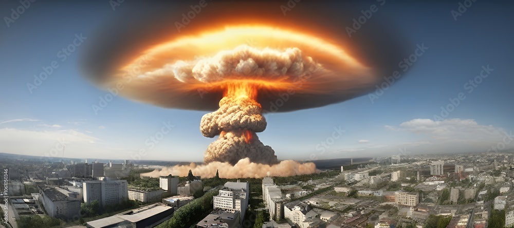 Nuclear explosion of an atom bomb with a mushroom cloud causing an ...